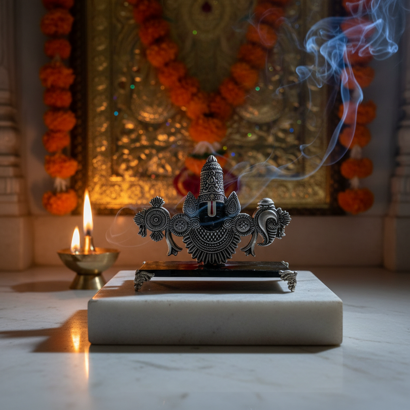 Midnight Glimmer: Silver Plated Tirupati Idol on Labradorite – Sutradhar